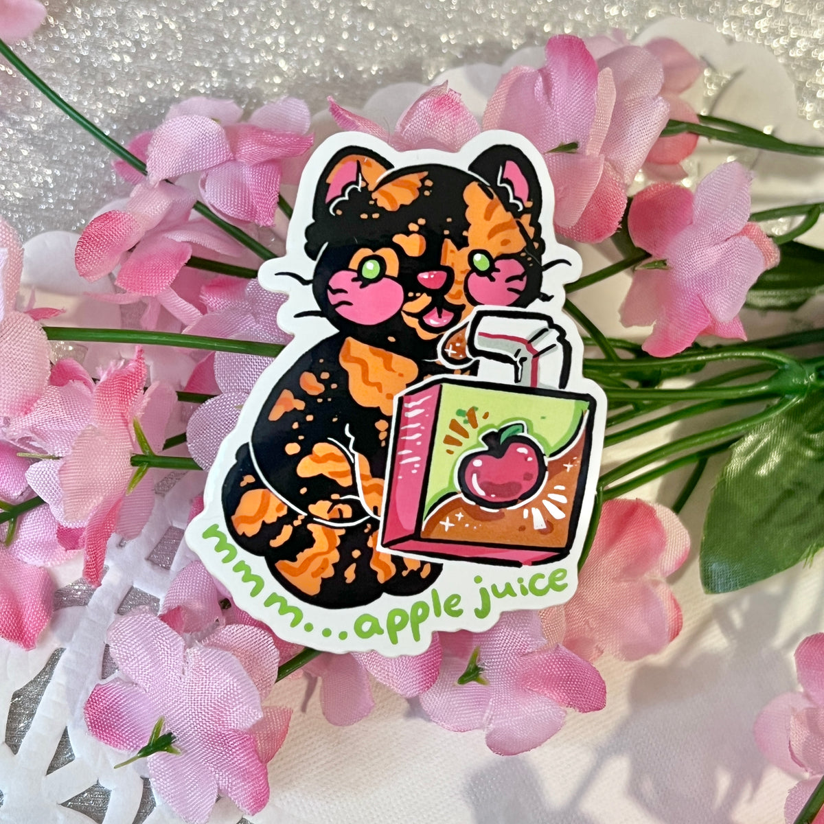 "Mmmm ... Apple Juice" Tortieshell Kitty ~ Sticker – Woolblossom